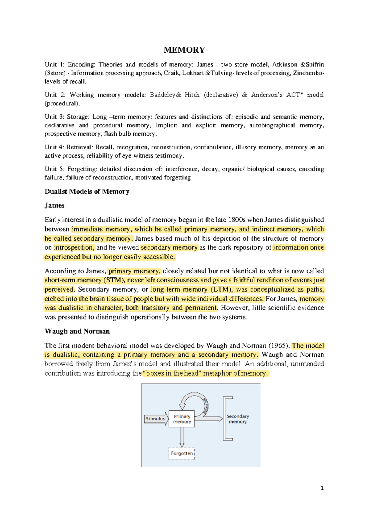 Cognitive Psychology - Memory Notes (Semester 1) MG University - Studocu