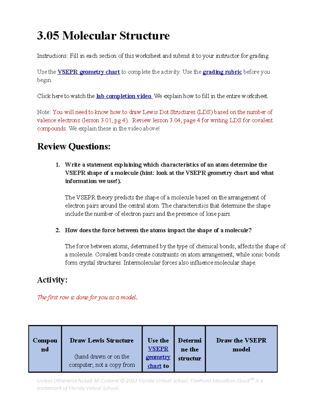 Molecular Structure Worksheet Worksheet