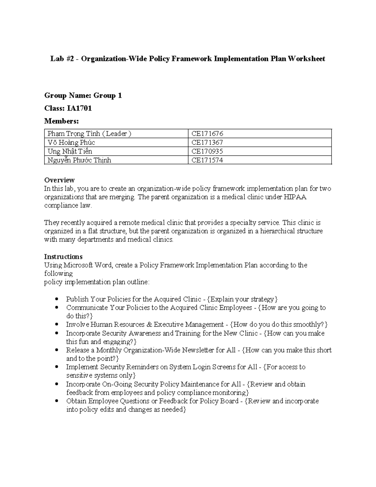 IAP301 LAB2: Org-Wide Policy Framework Implementation Plan by Group 1 ...