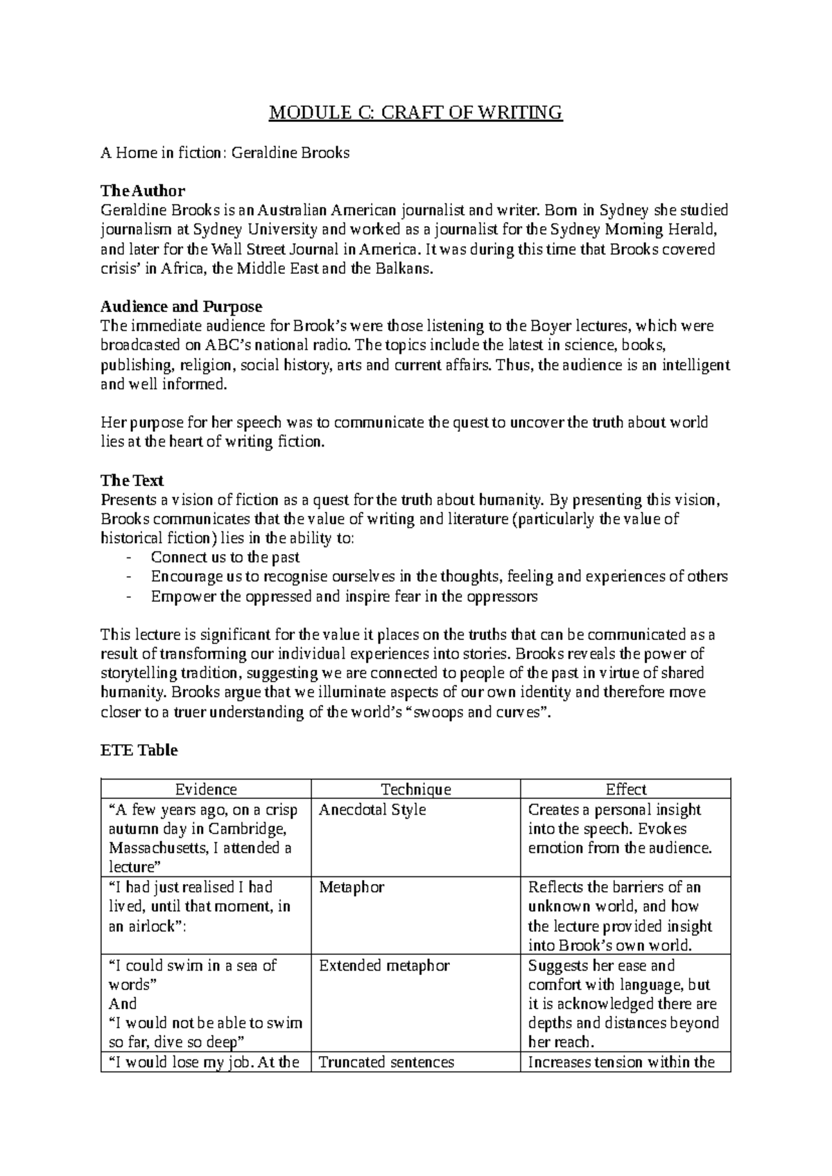 MODULE C: CRAFT OF WRITING - Summary Notes on Brooks, Le, and Harwood ...