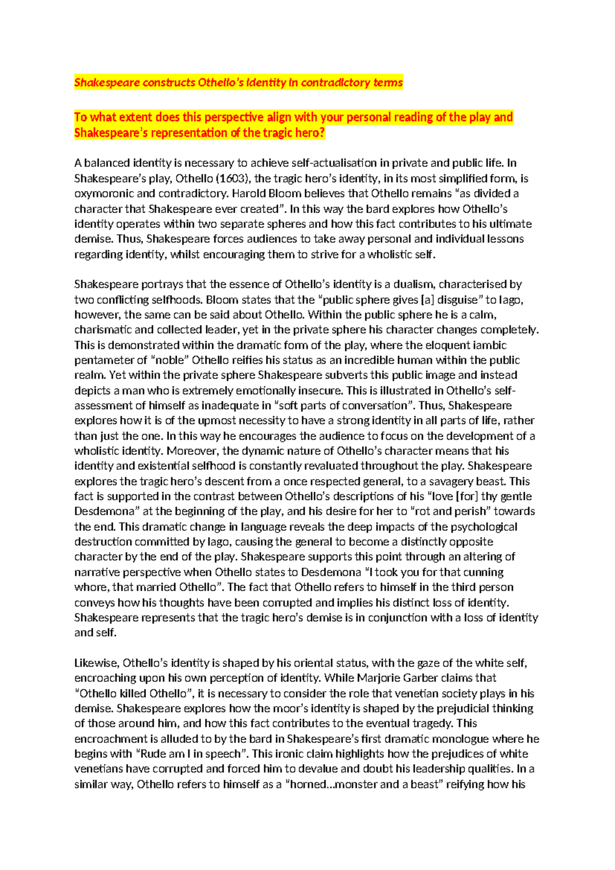 Othello Essay: Exploring Identity and Tragedy in Shakespeare's Play ...