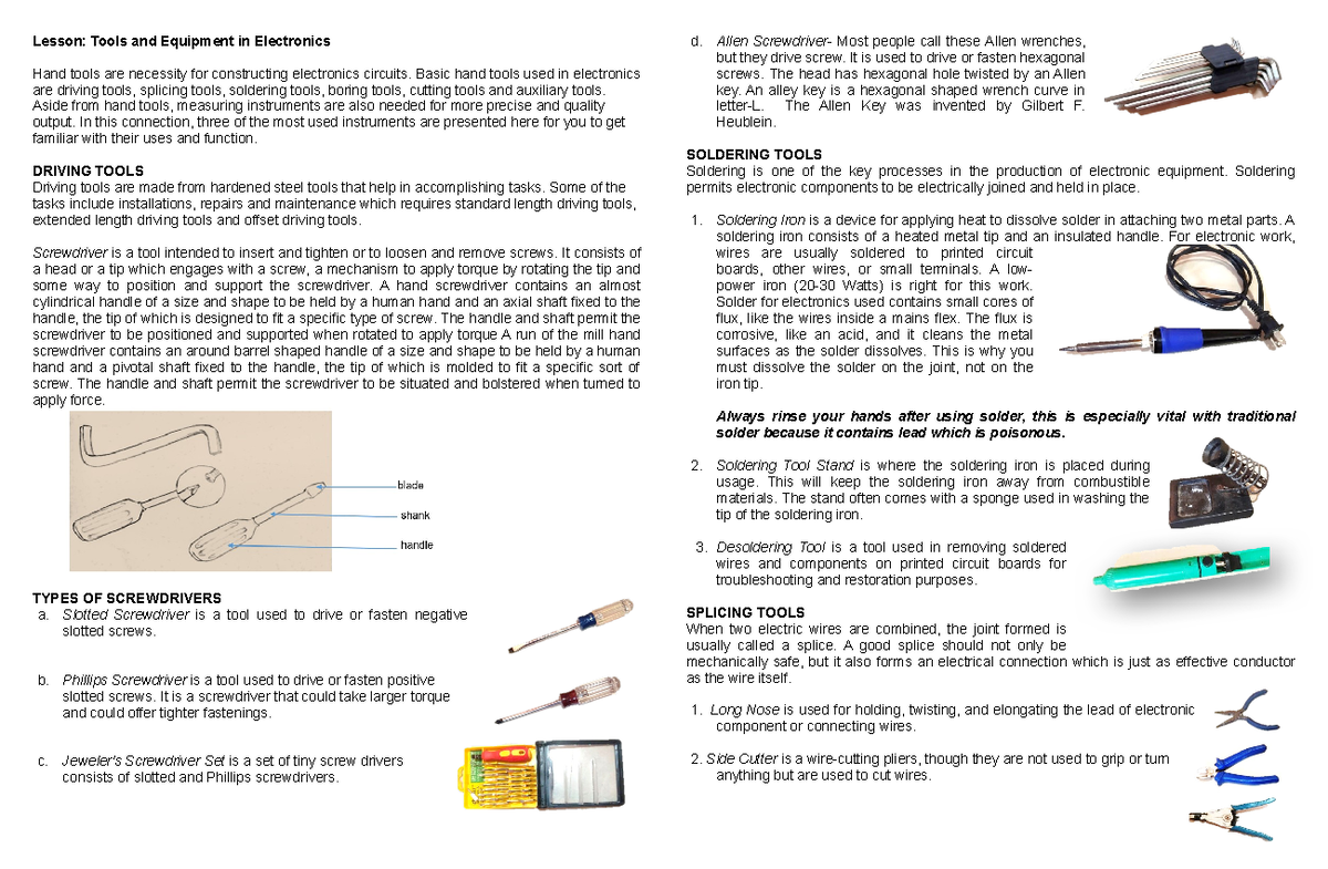 Lesson: Essential Tools & Equipment in Electronics (Electronics 101) - Studocu
