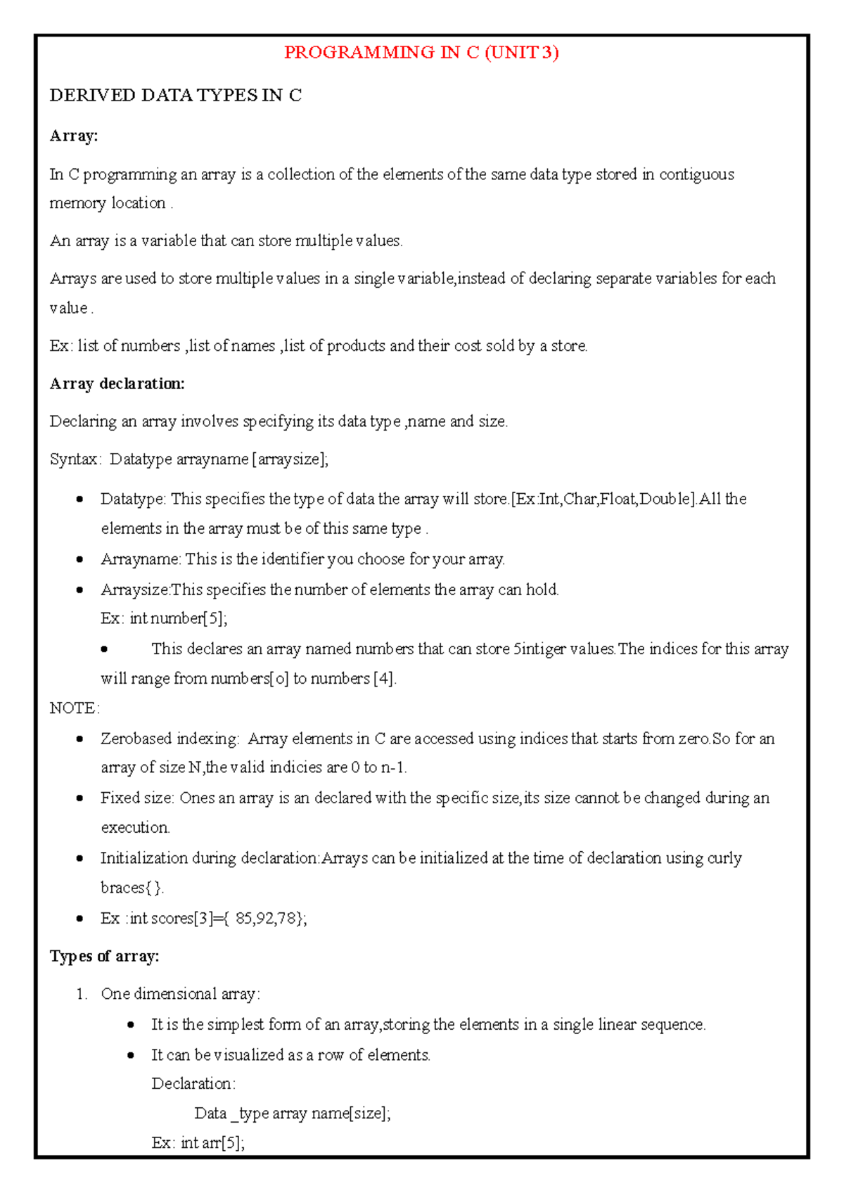 Programming in C (Unit 3): Understanding Derived Data Types and Arrays ...