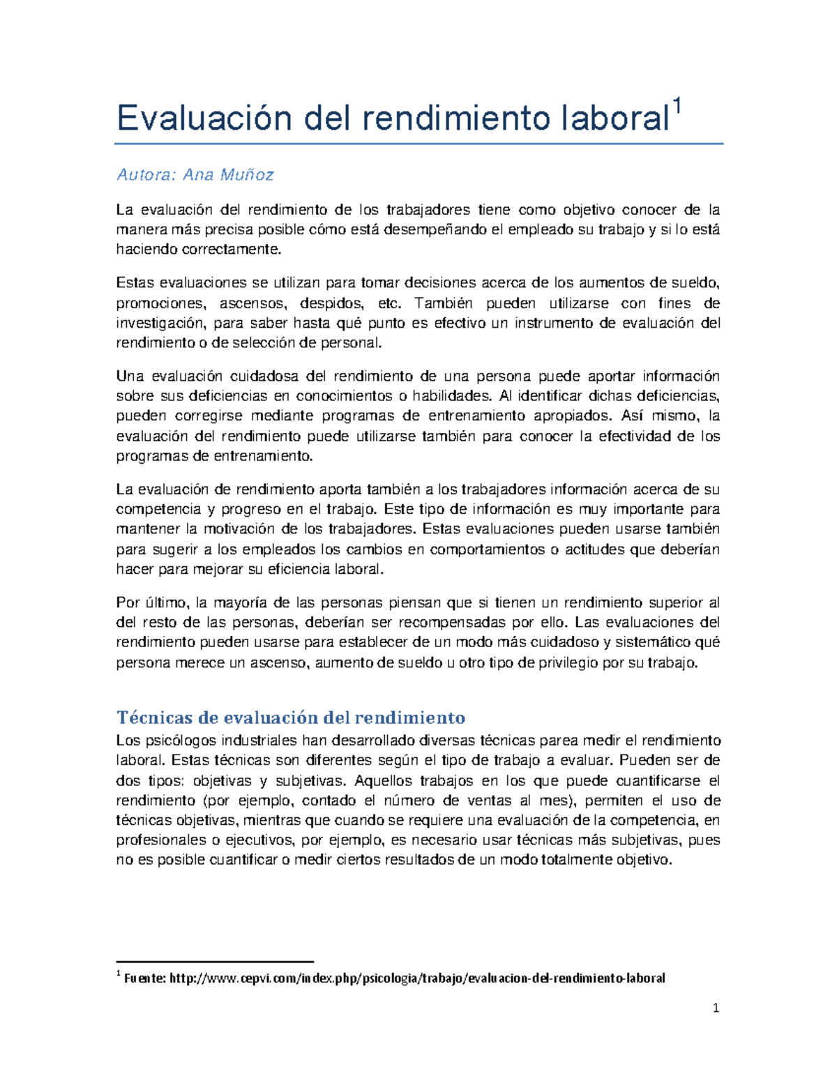 Evaluación del Rendimiento Laboral - Métodos y Técnicas Análisis - Studocu