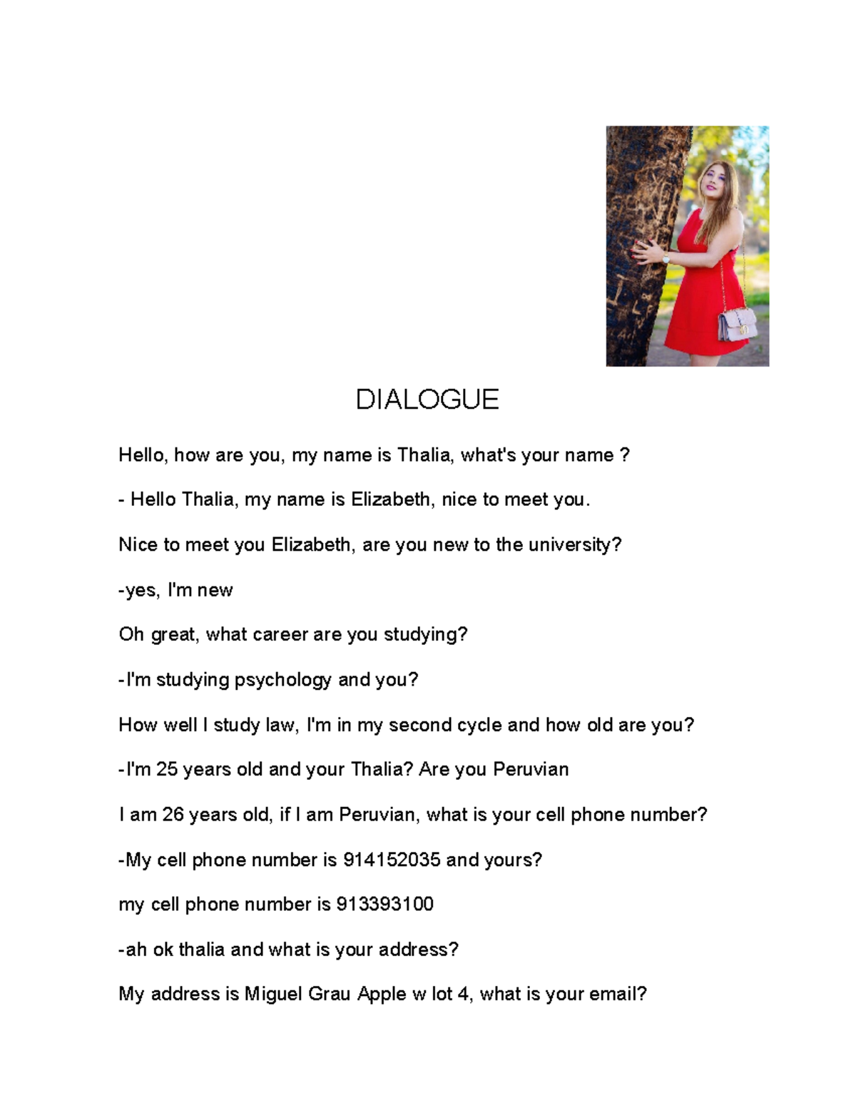 Dialogo Ingles- Thalia Guerrero - DIALOGUE Hello, how are you, my name ...