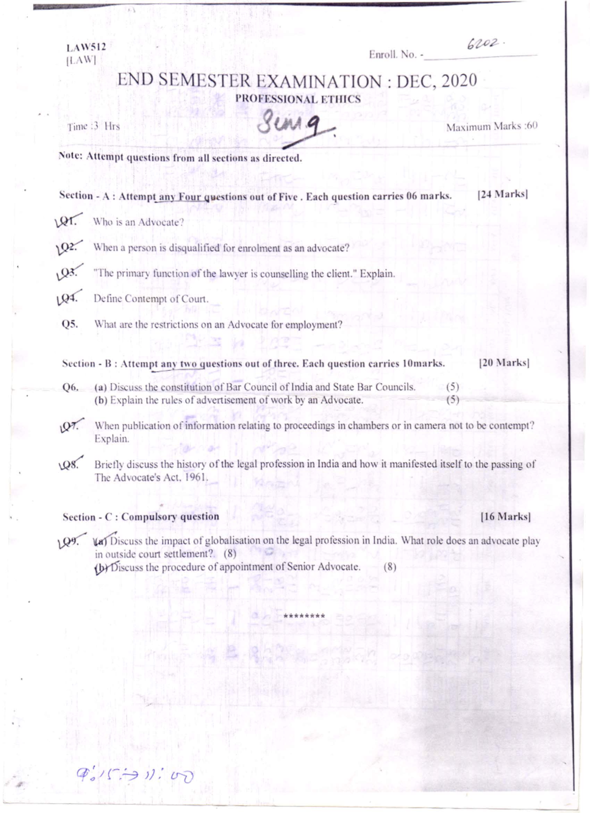 LAW512 End Semester Exam: Professional Ethics Dec 2020 - Studocu