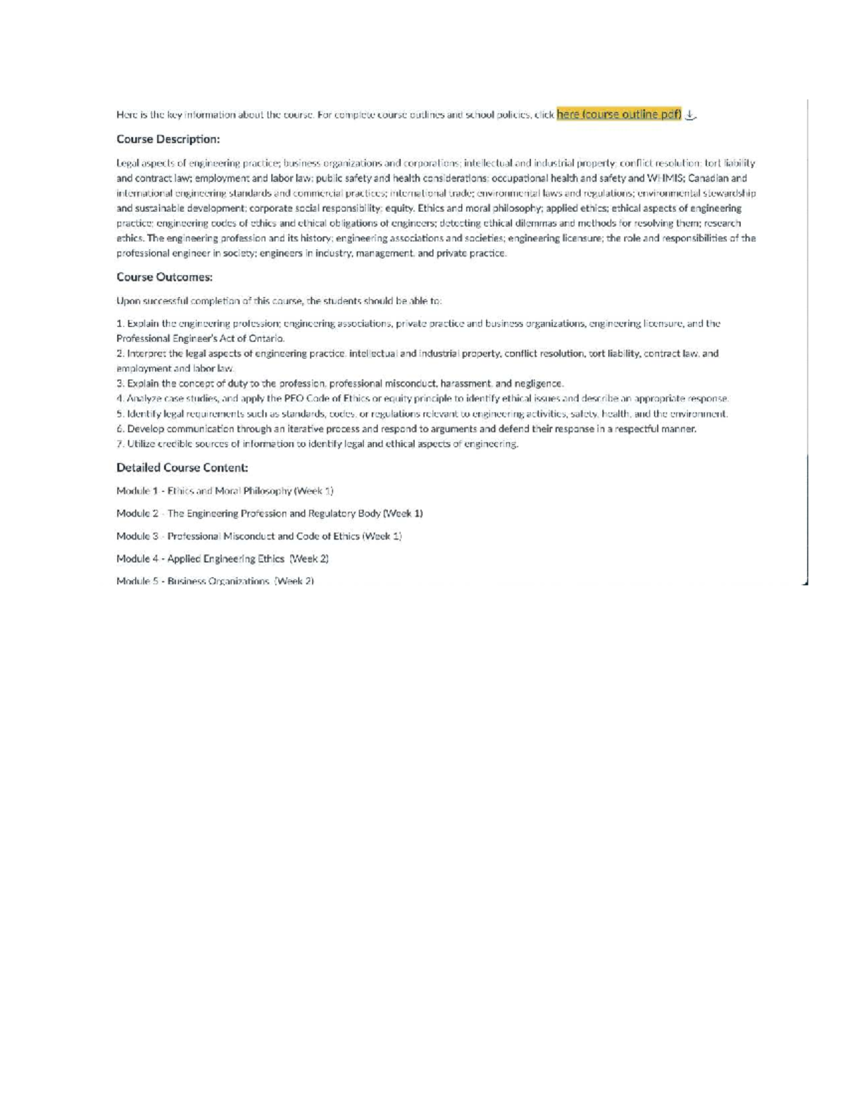 ENG 101: Course Outline on Legal and Ethical Aspects of Engineering ...