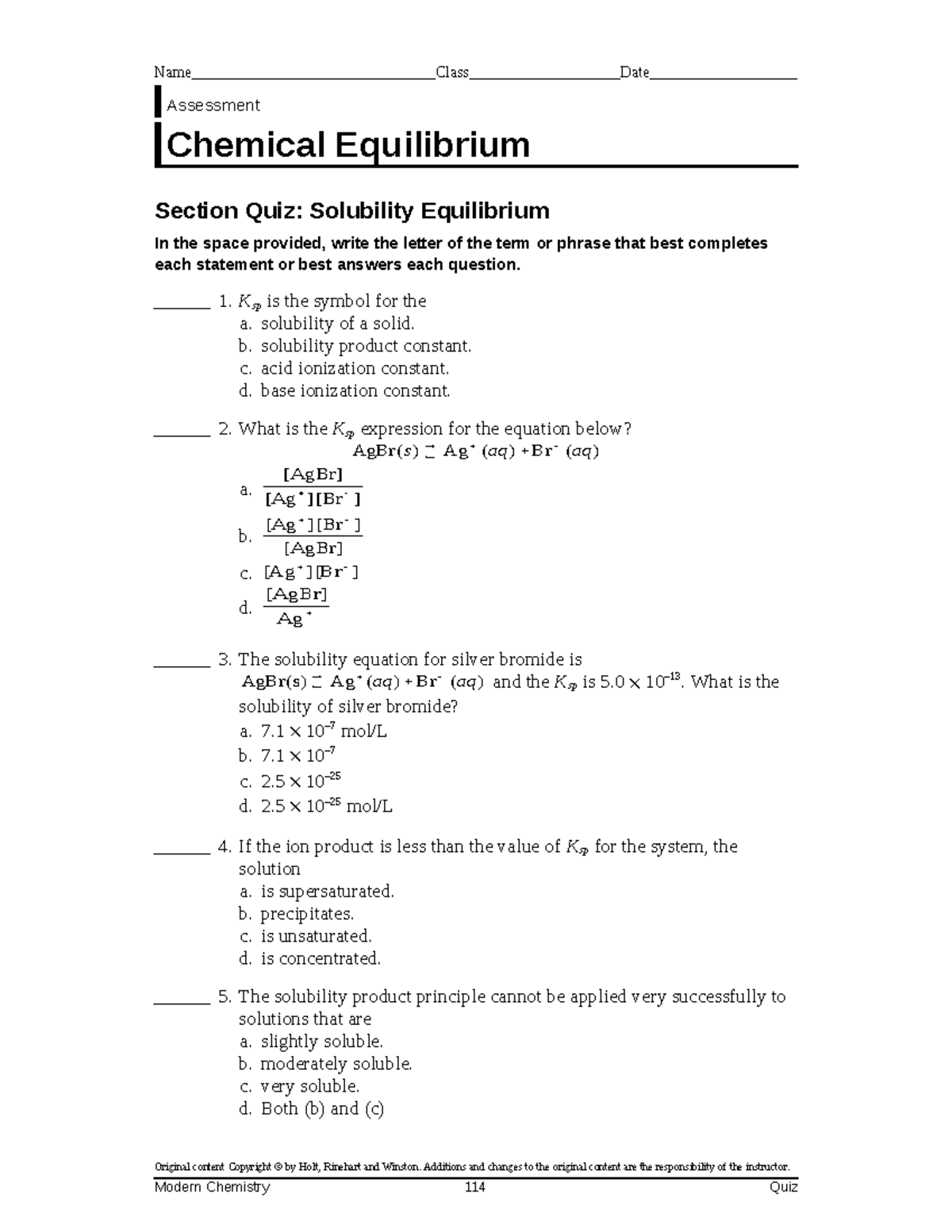 Chemistry 114 Quiz: Solubility Equilibrium Assessment - Studocu