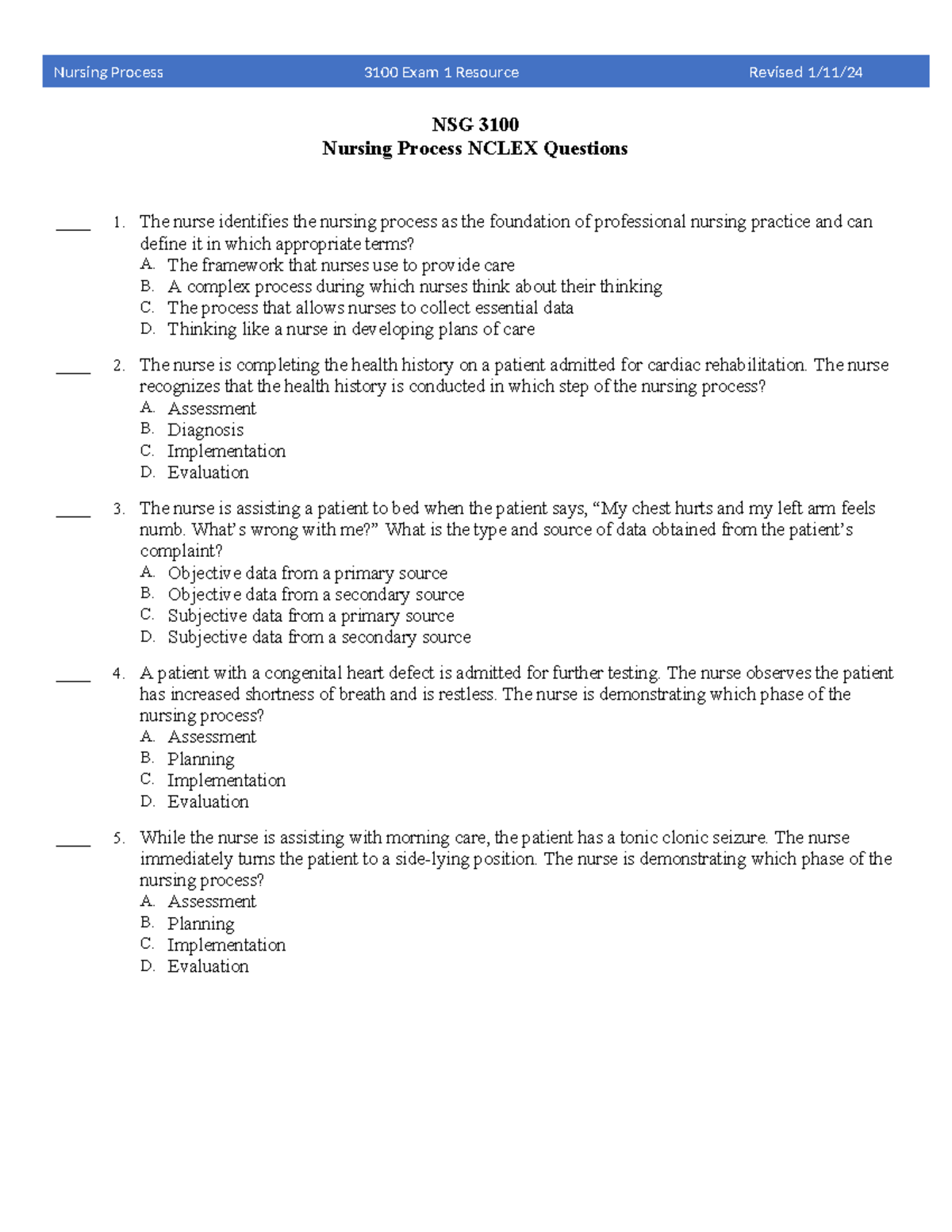 NSG 3100 Nursing Process Exam 1 NCLEX Questions Resource - Studocu