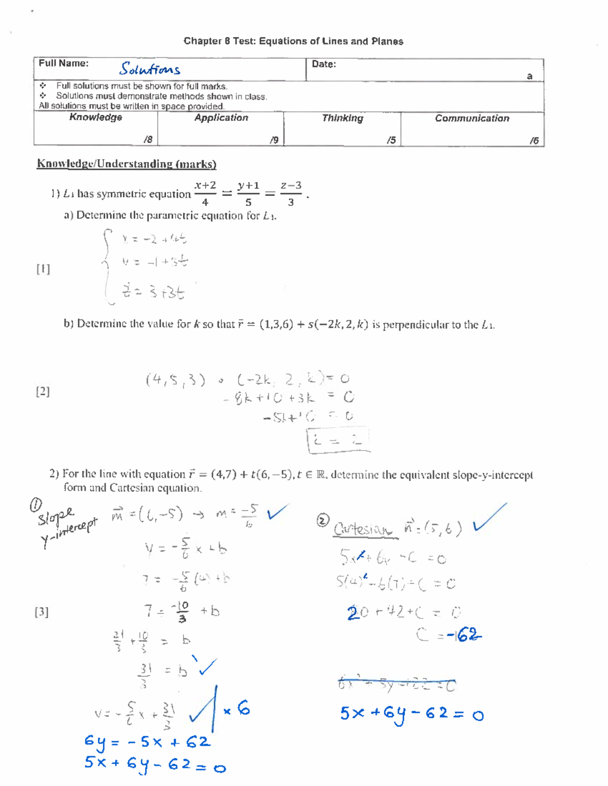 Chapter 8 Test (June 2017): Solutions for Equations of Lines and Planes ...