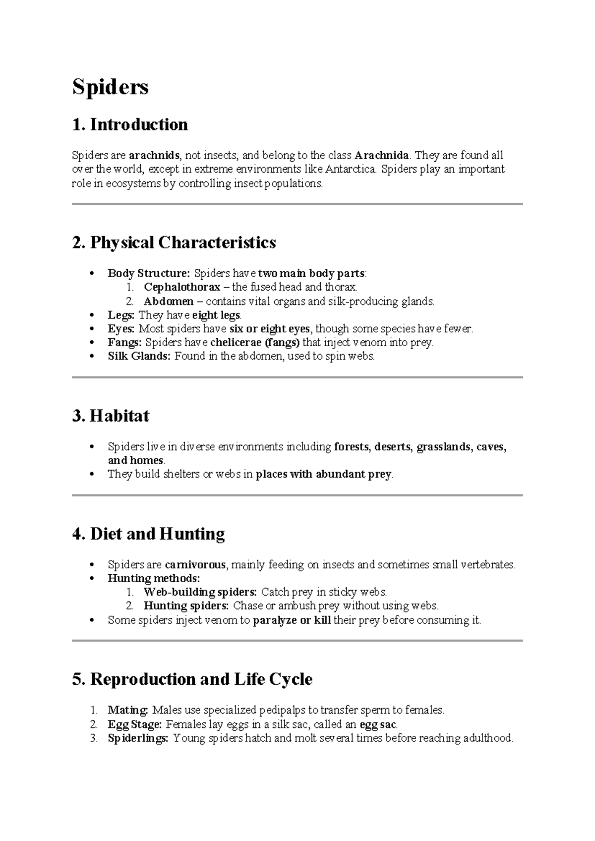 Spider Summary: Key Characteristics and Life Cycle of Spiders - Studocu