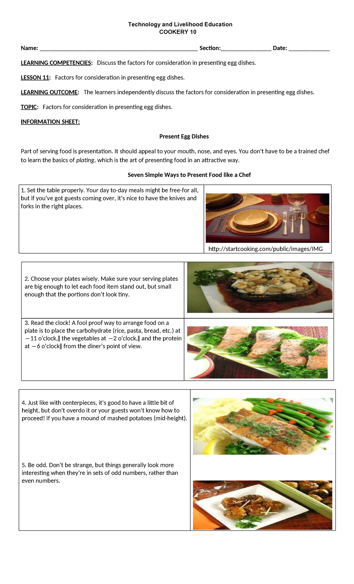 COOKERY 10: Lesson 11 - Presenting Egg Dishes Effectively - Studocu