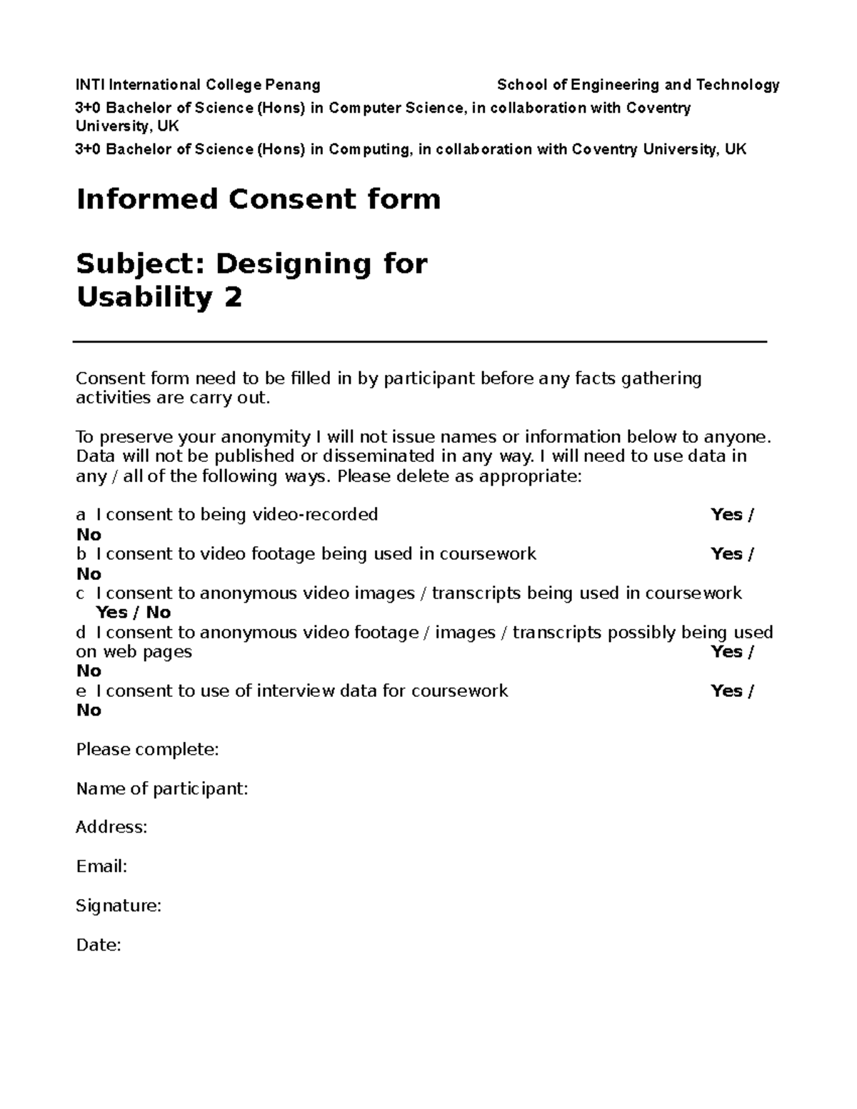Consent Form Template for Usability Studies - CS Course - Studocu