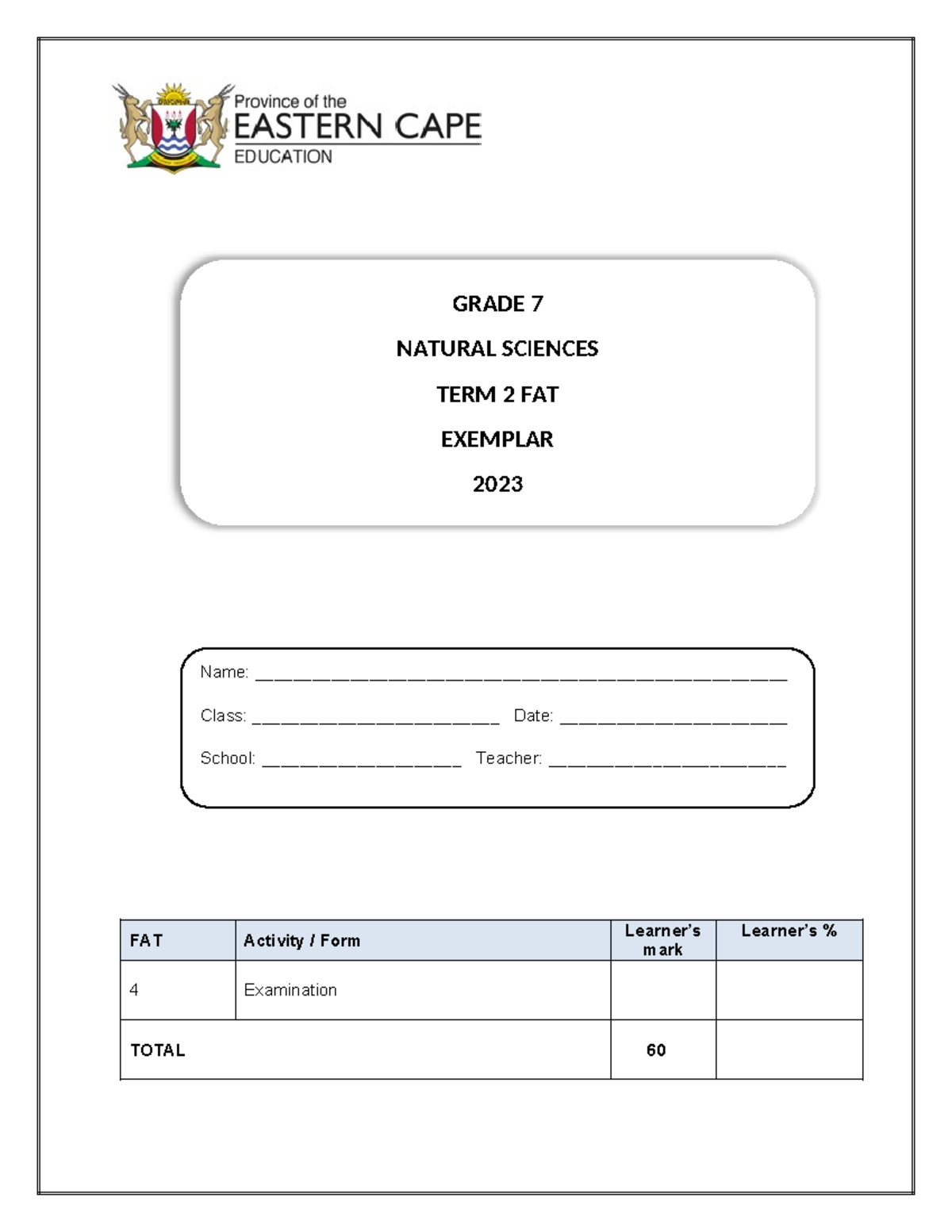 Grade 7 Natural Sciences Term 2 Exemplar Test 2025 - Studocu