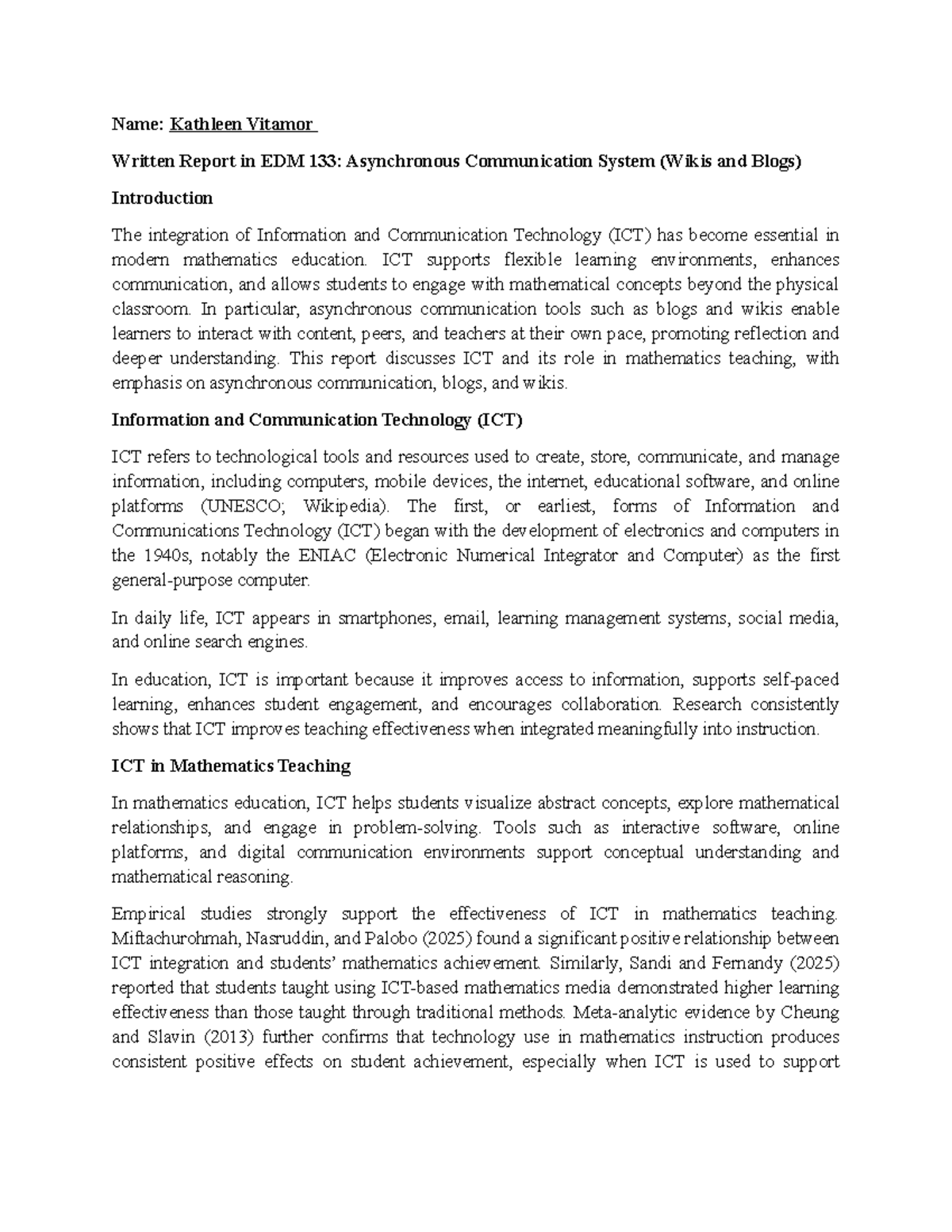 EDM 133: Written Report on Asynchronous Communication in Math Education ...