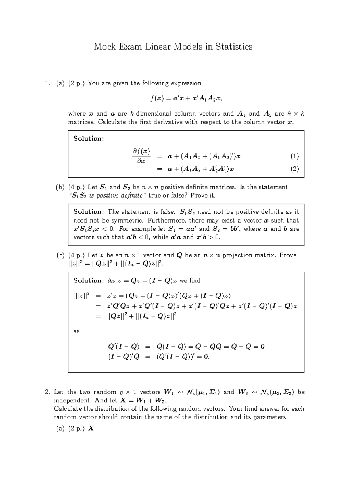 Mock Exam Solutions for Linear Models in Statistics 2023/2024 - Studeersnel