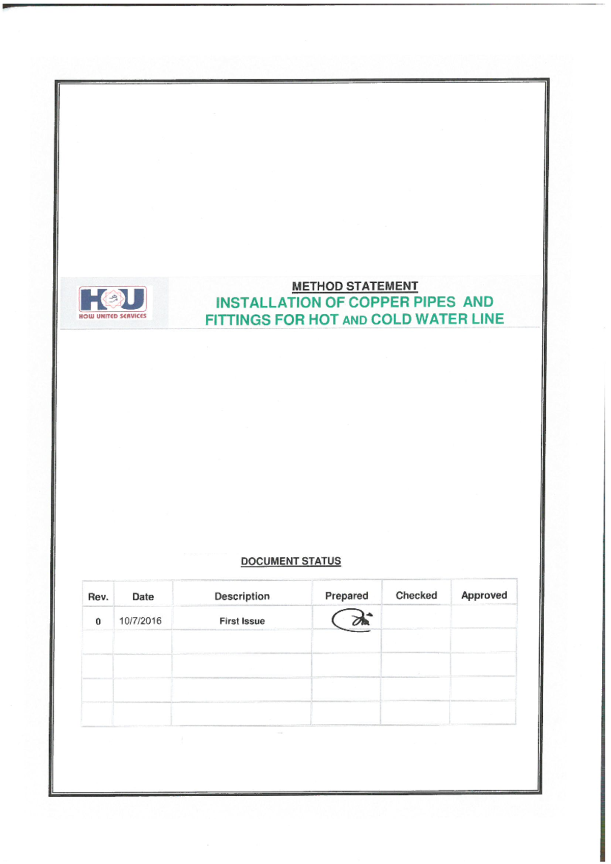 Method Statement M16014: Installation of Copper Pipes for Water Lines ...