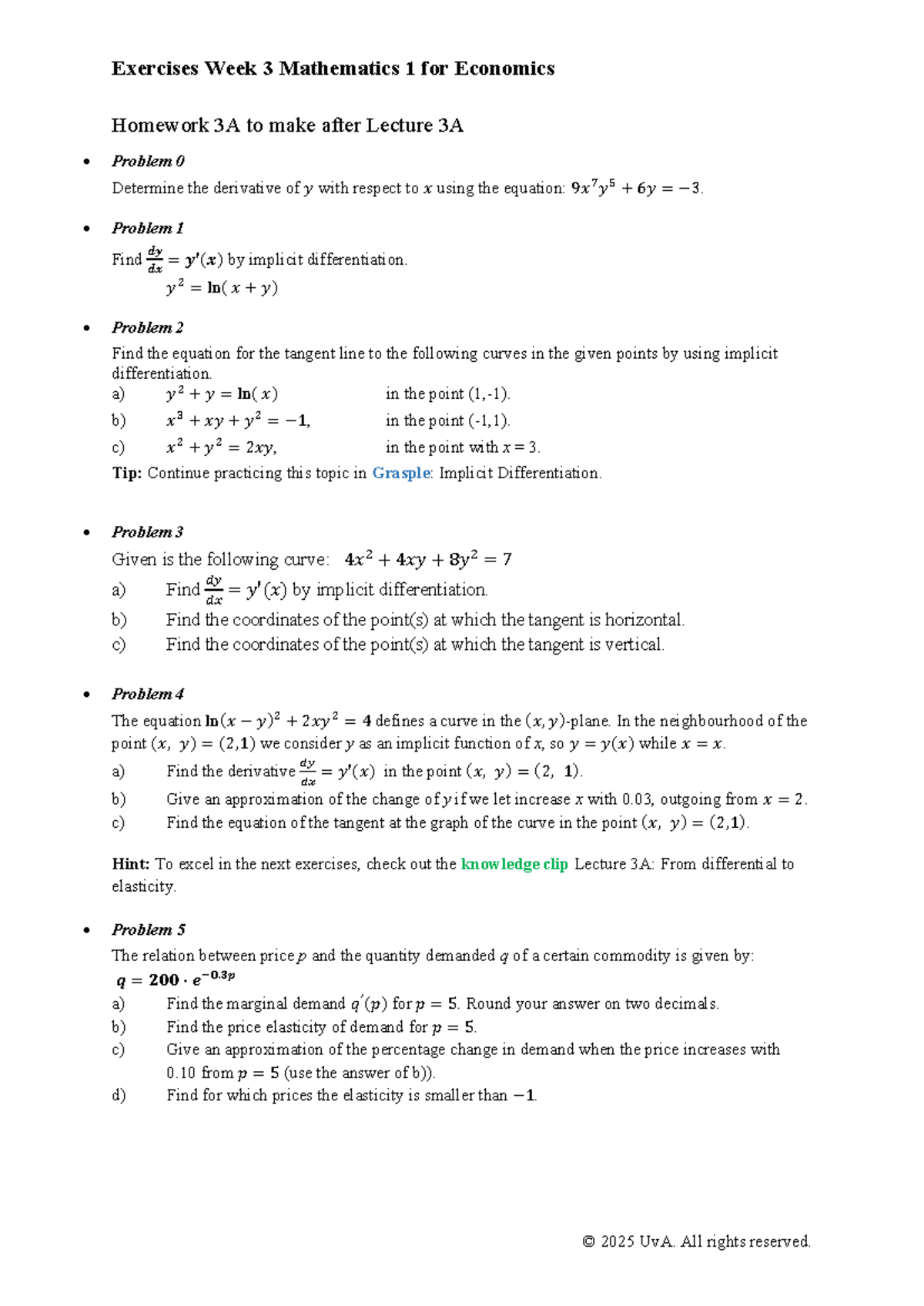 Week 3 Exercises for Mathematics 1 in Economics - Homework 3A - Studeersnel