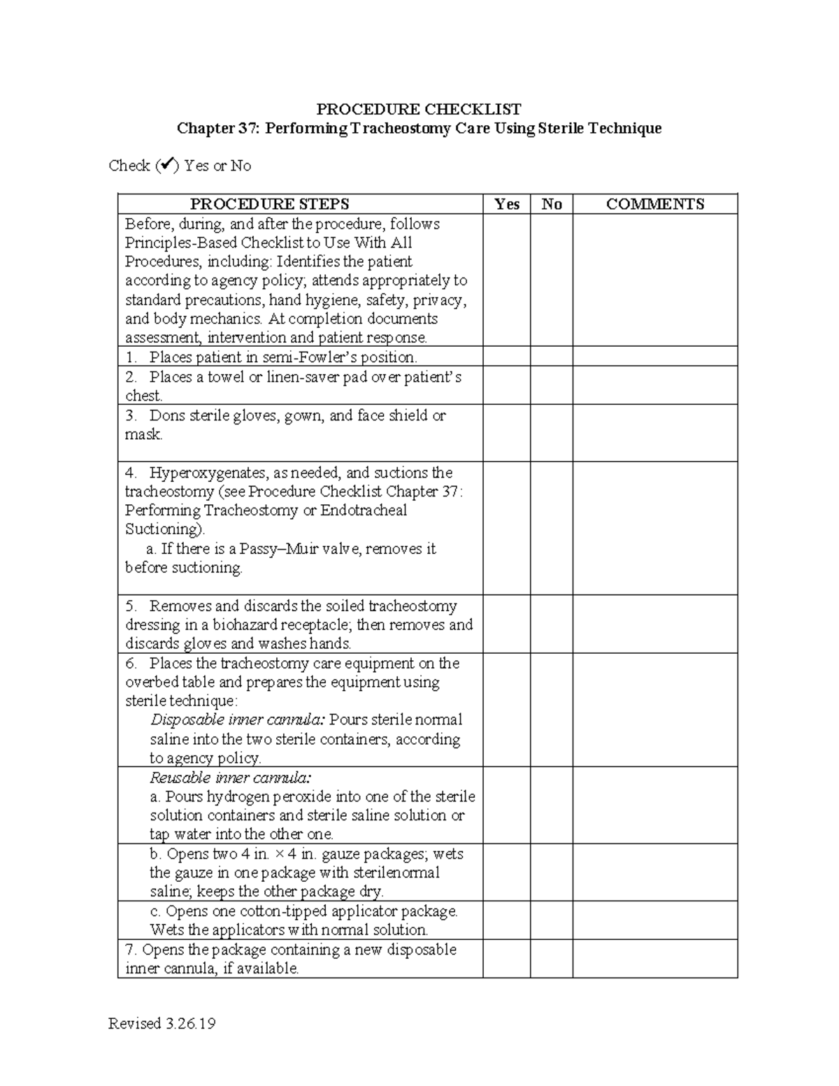 Revised Procedure Checklist for Tracheostomy Care Using Sterile ...