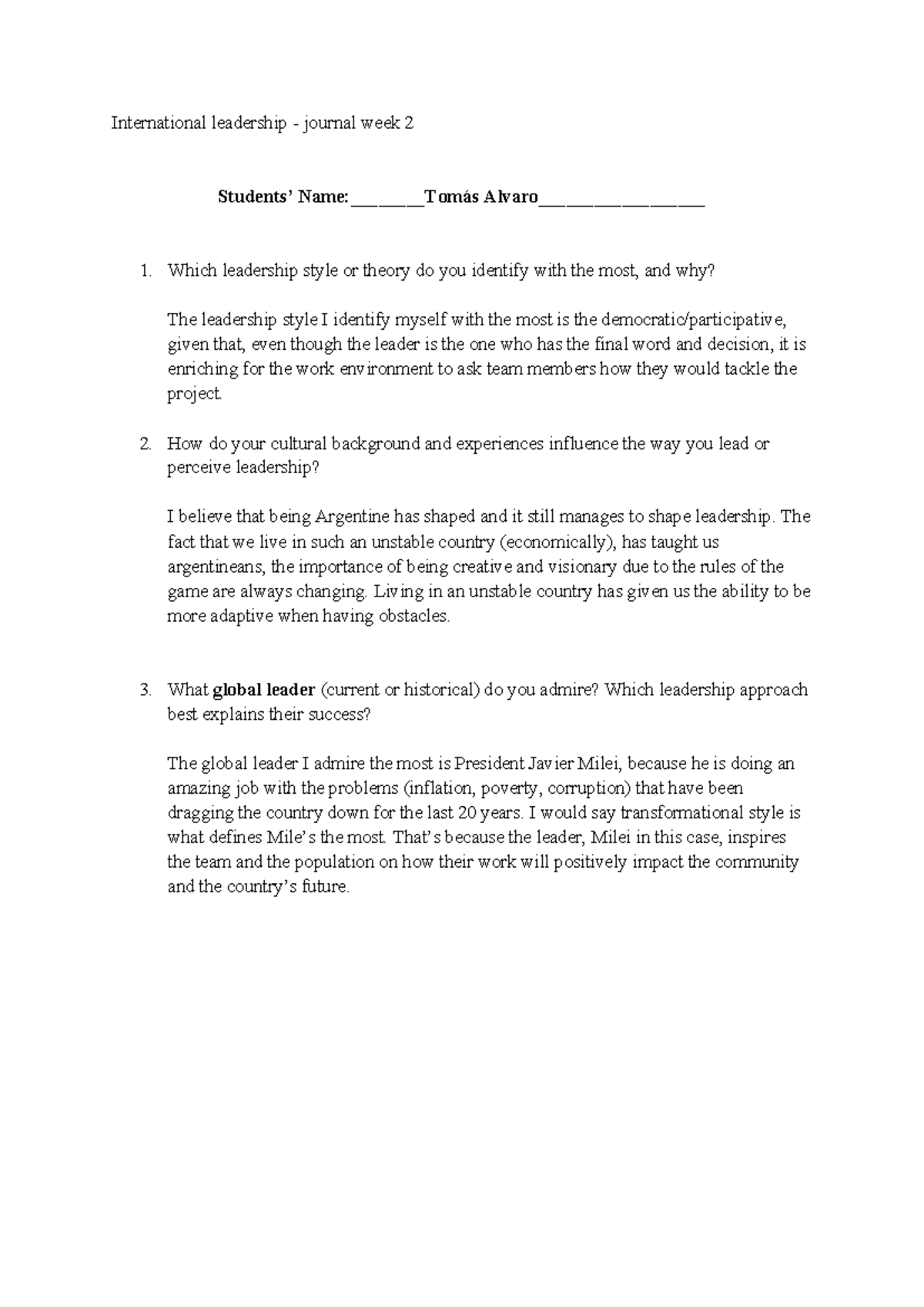 International Leadership - Journal Week 2 Insights on Leadership Styles ...