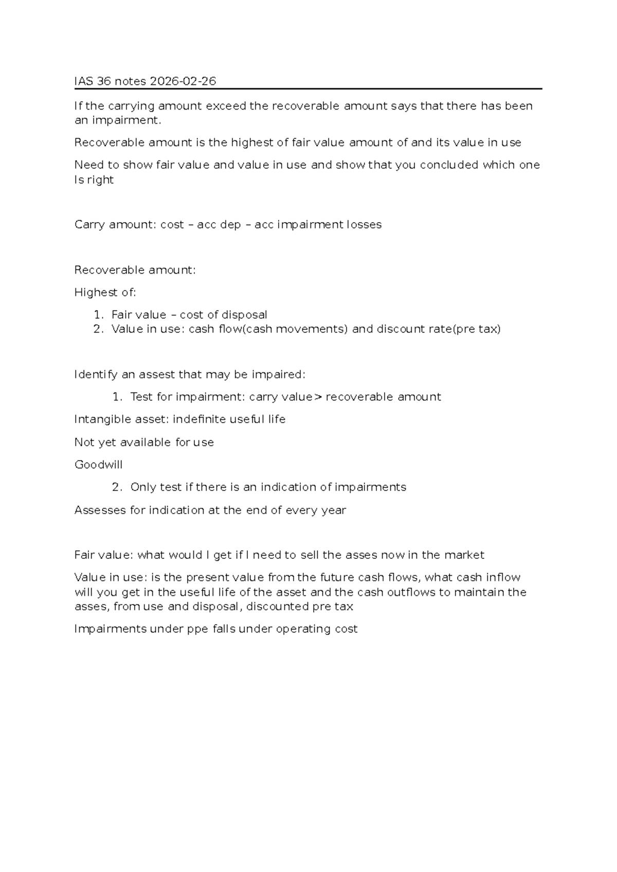 IAS 36 Final Exam Notes: Impairment of Assets Explained - Studocu