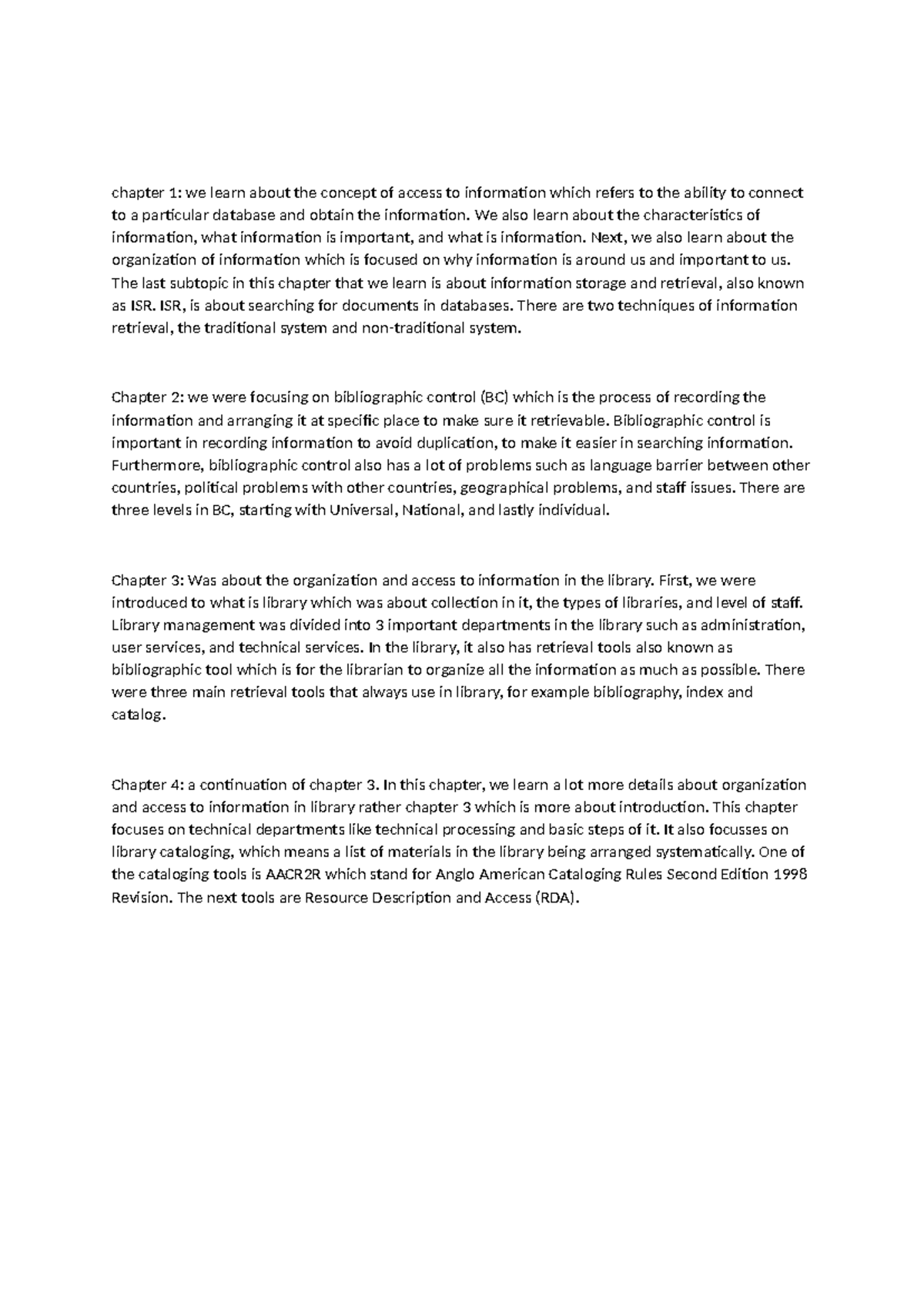 Chapters 1-4: Access to Information & Bibliographic Control Notes - Studocu