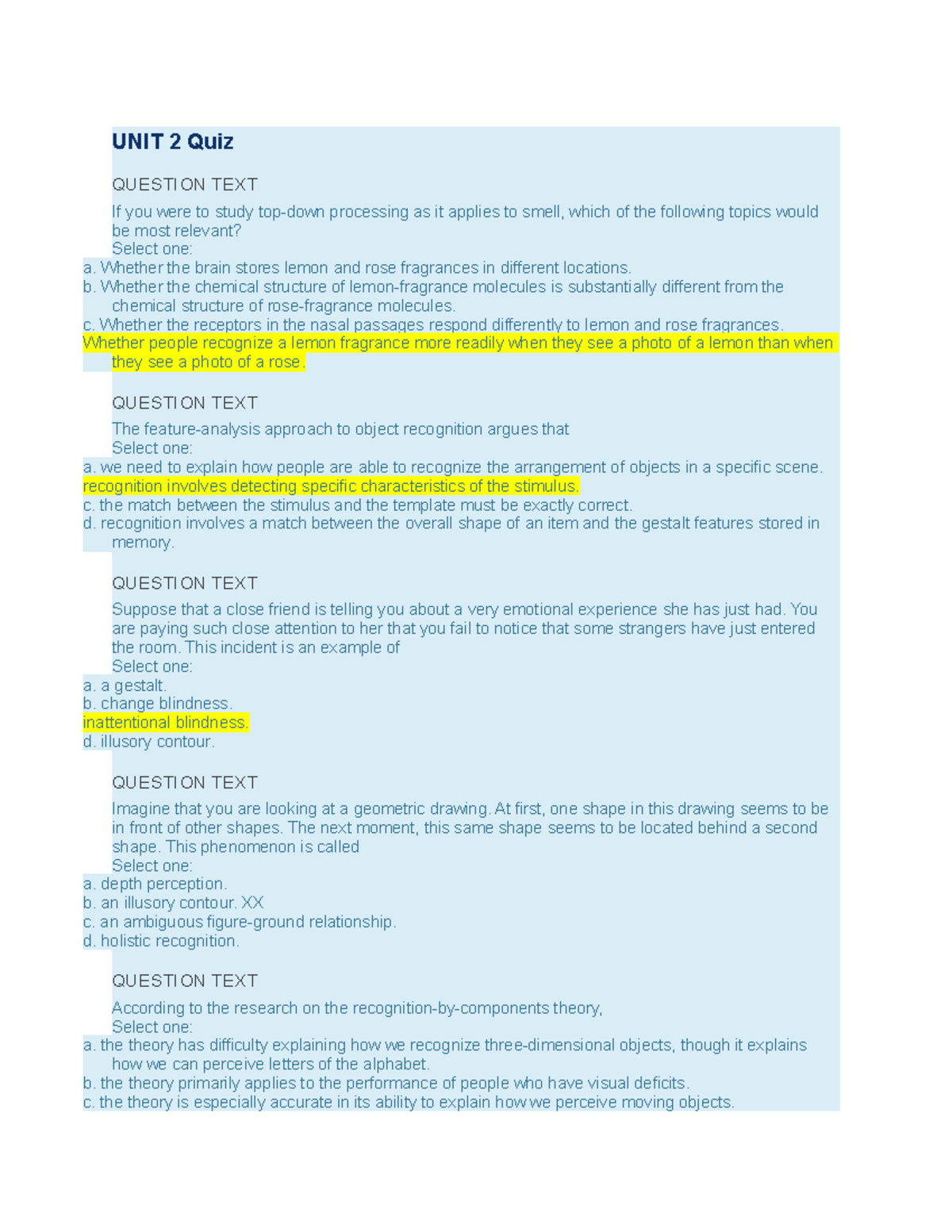 UNIT 2 Quiz - Lesson 2 & 3: Cognitive Processing and Recognition ...