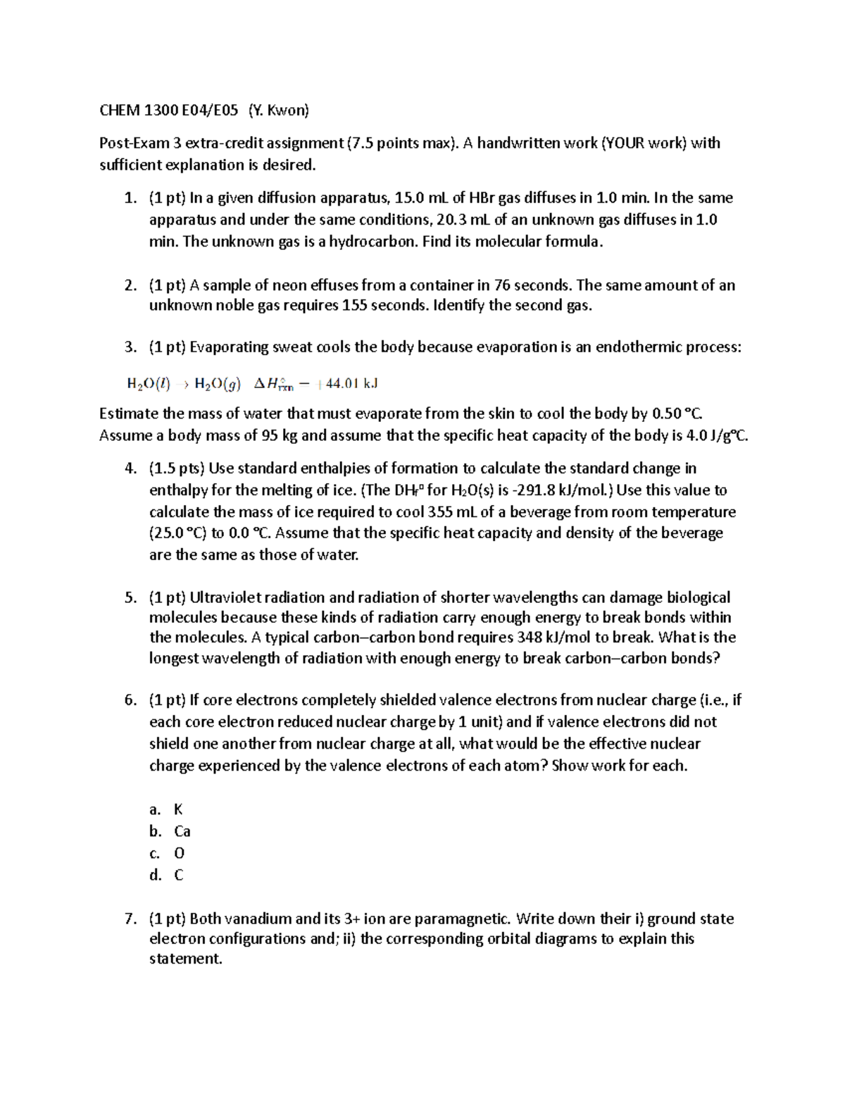 Extra Credit for Exam 3 material - CHEM 1300 E04/E05 (Y. Kwon) Post ...