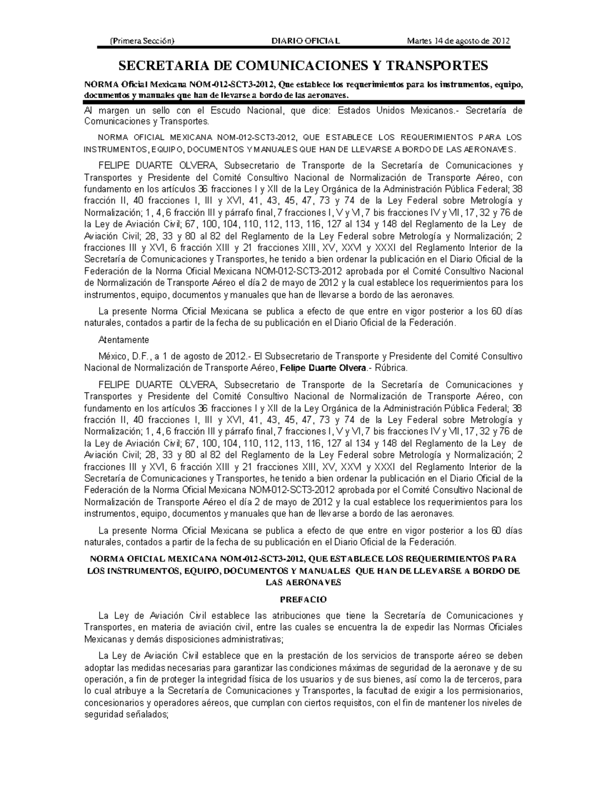 Norma Oficial Mexicana NOM-012-SCT3-2012: Requerimientos para Aeronaves ...