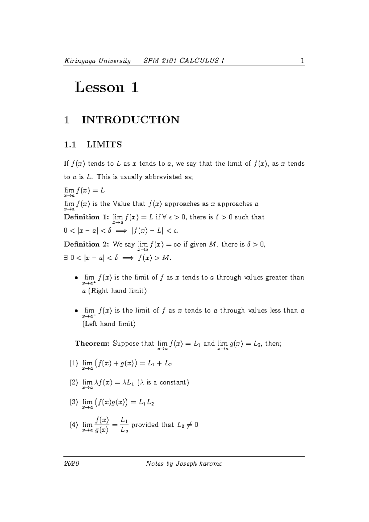 Calculus I SPM 2101 Lesson 1: Introduction to Limits and Continuity - Studocu