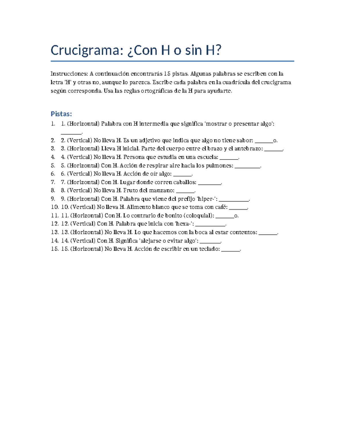 Crucigrama: Reglas de la H - Instrucciones y Pistas - Studocu