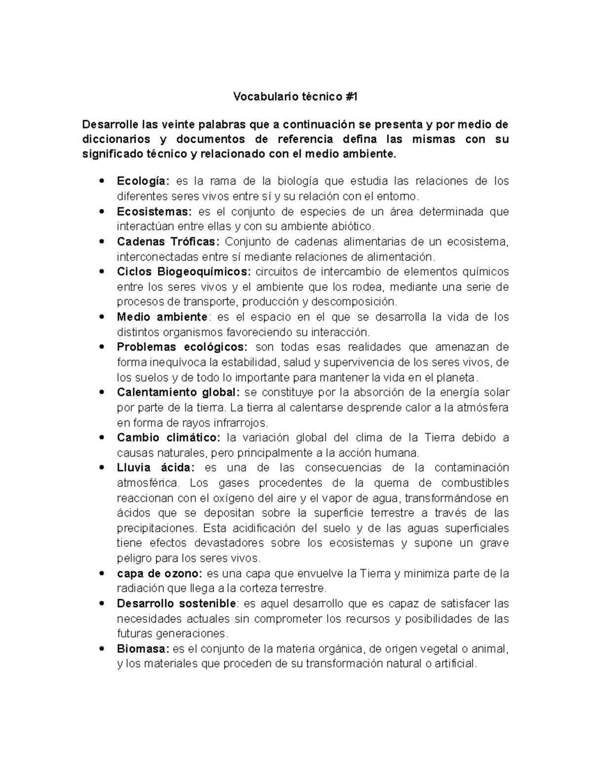 Vocabulario técnico sobre ecología y medio ambiente - Studocu