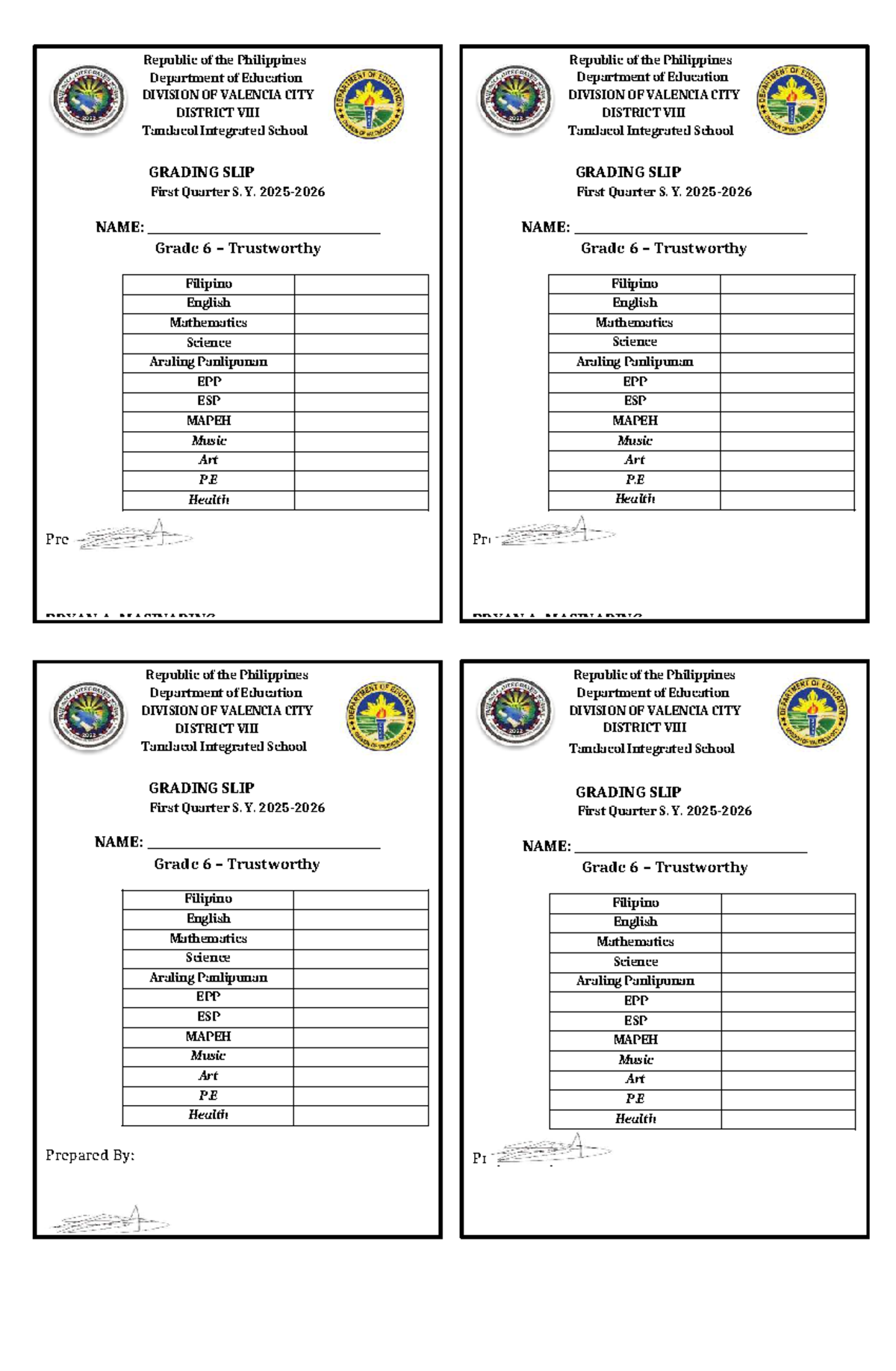 Grade 6 Trustworthy Grading Slip Template - 1st Quarter S.Y. - Studocu