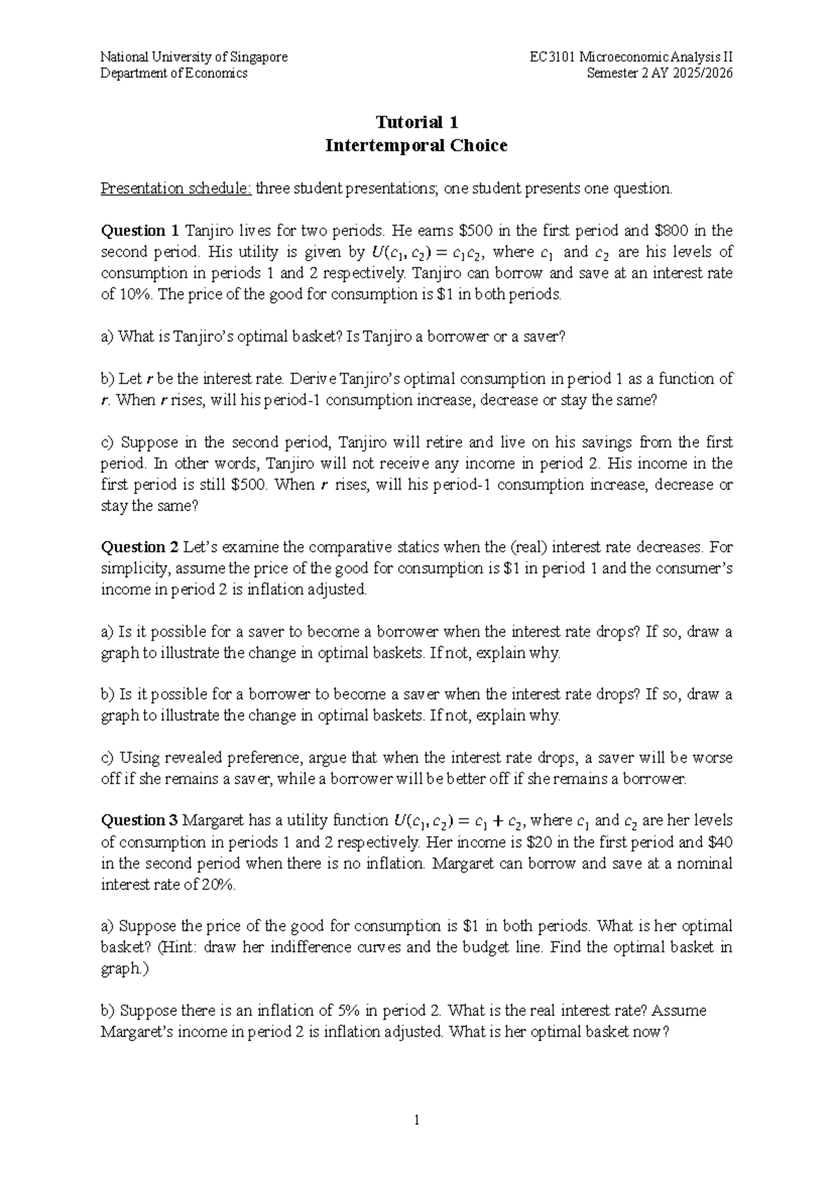 EC3101 Microeconomic Analysis II: Tutorial 1 on Intertemporal Choice ...