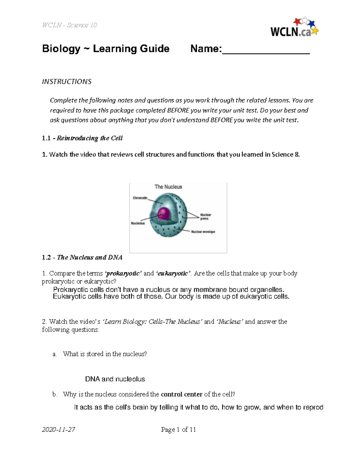 WCLN Science 10 Biology Learning Guide: Unit Test Prep Notes - Studocu