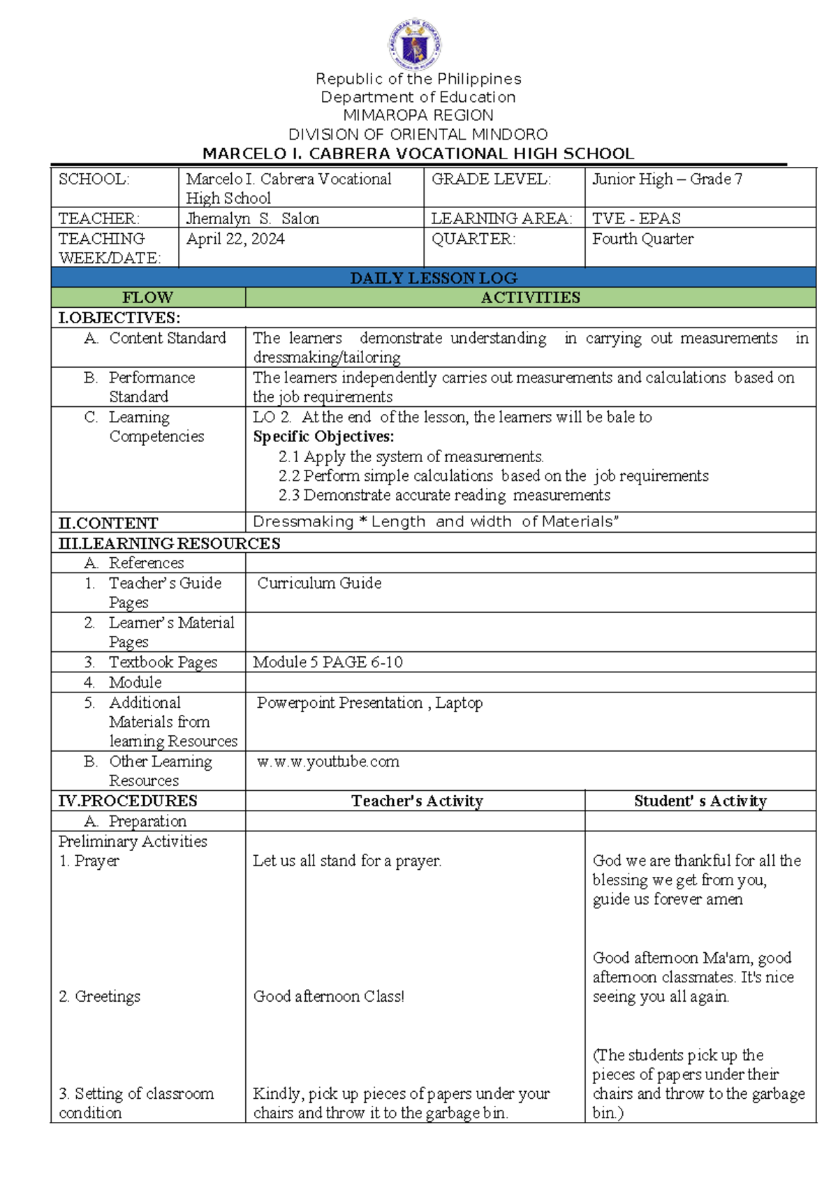 EPAS Grade 8 Lesson Plan: Measurement in Dressmaking and Tailoring ...