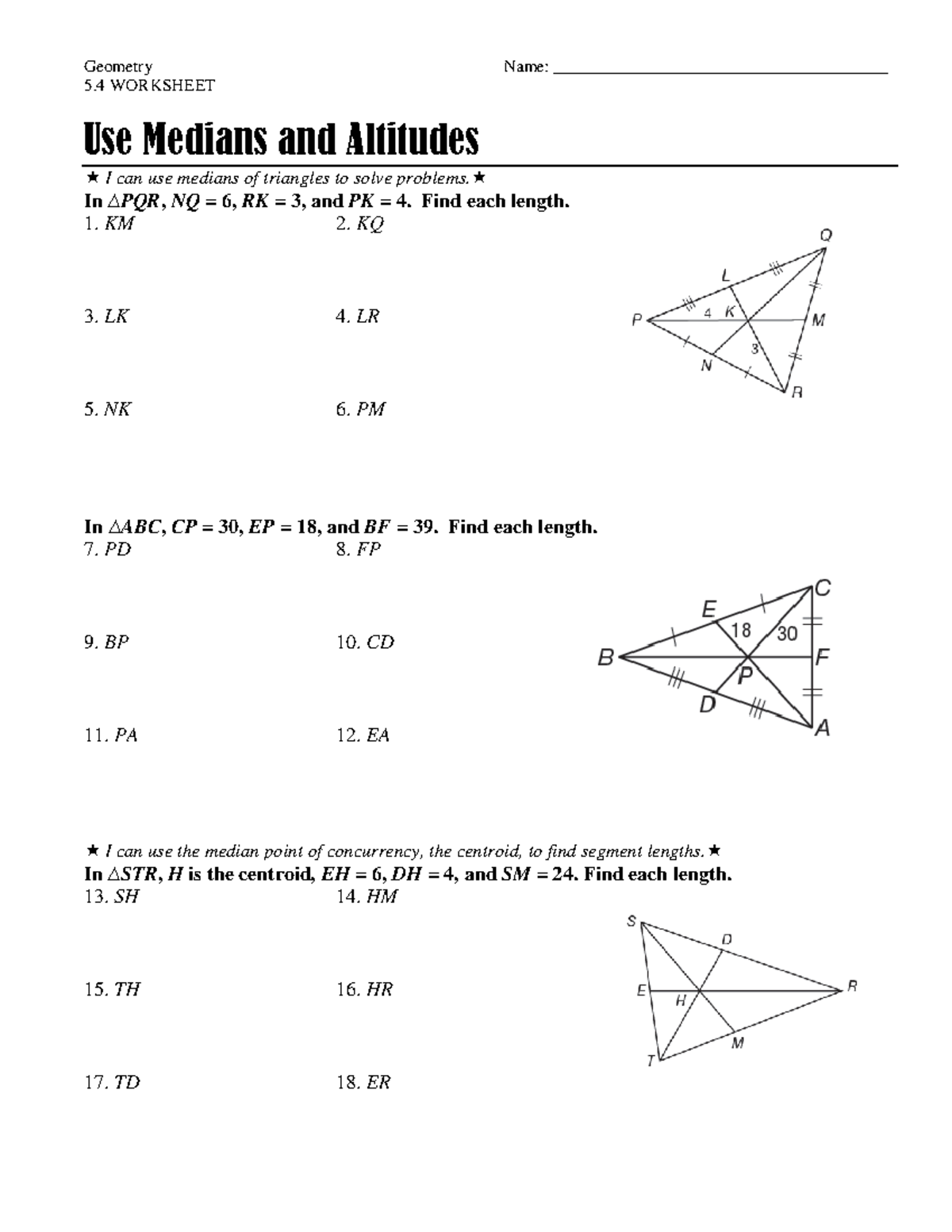 Geometry 5.4 Worksheet: Medians and Altitudes Practice - Studocu