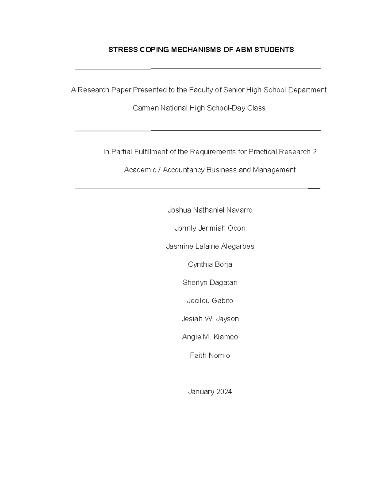 Final Exam: Stress Coping Mechanisms of ABM Students - Practical ...