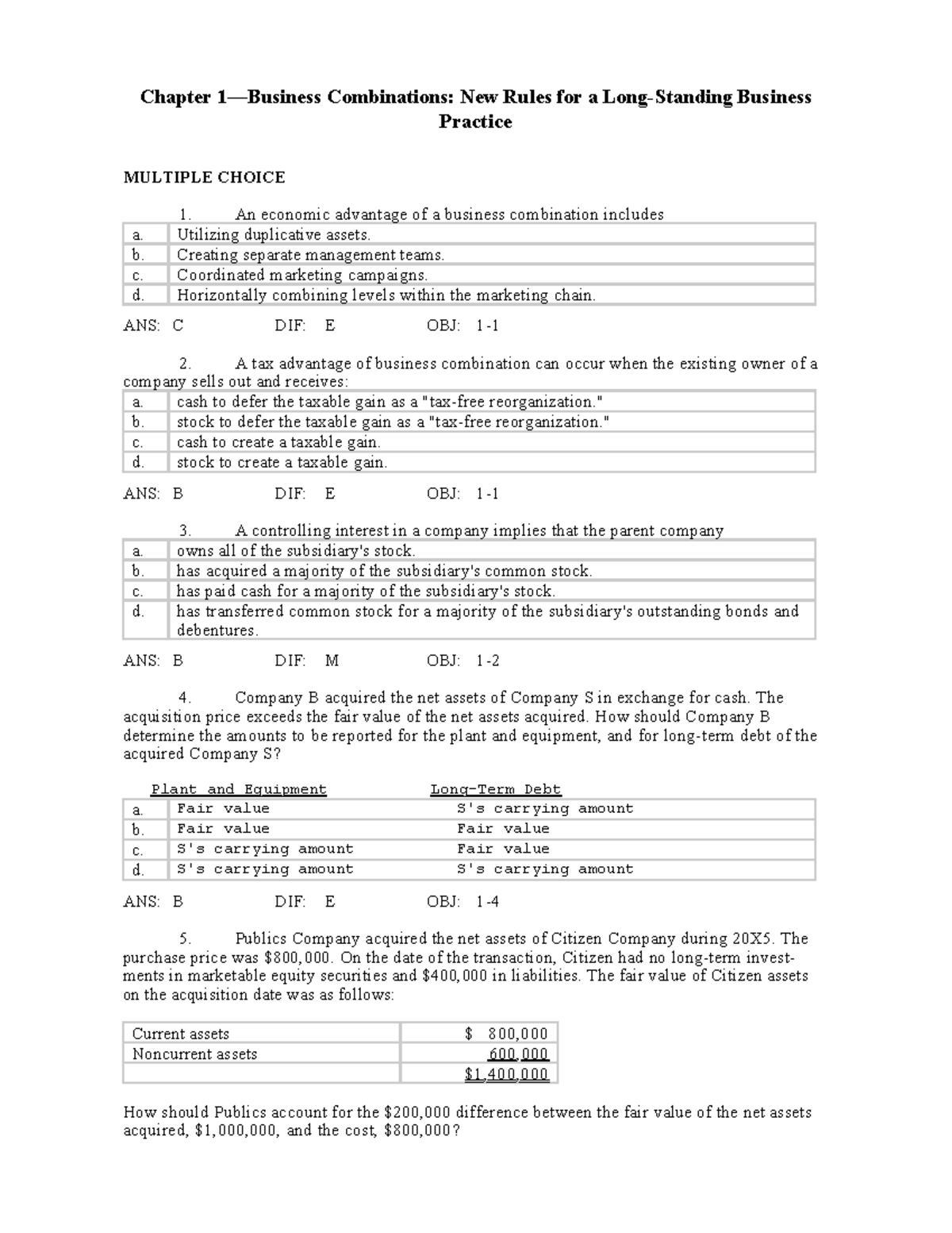 Ch-01 Business Combination Practice Test: Key Concepts & Questions ...