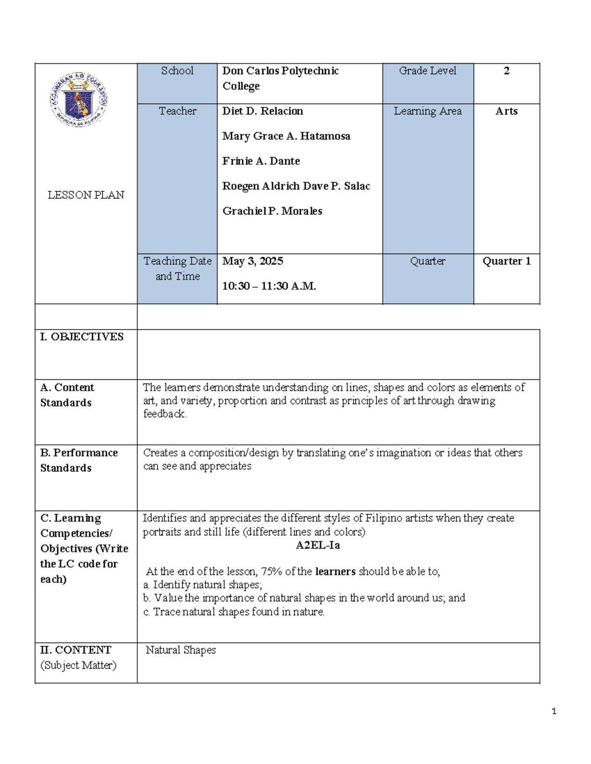 Lesson Plan on Natural Shapes - ARTS DO42 - Studocu