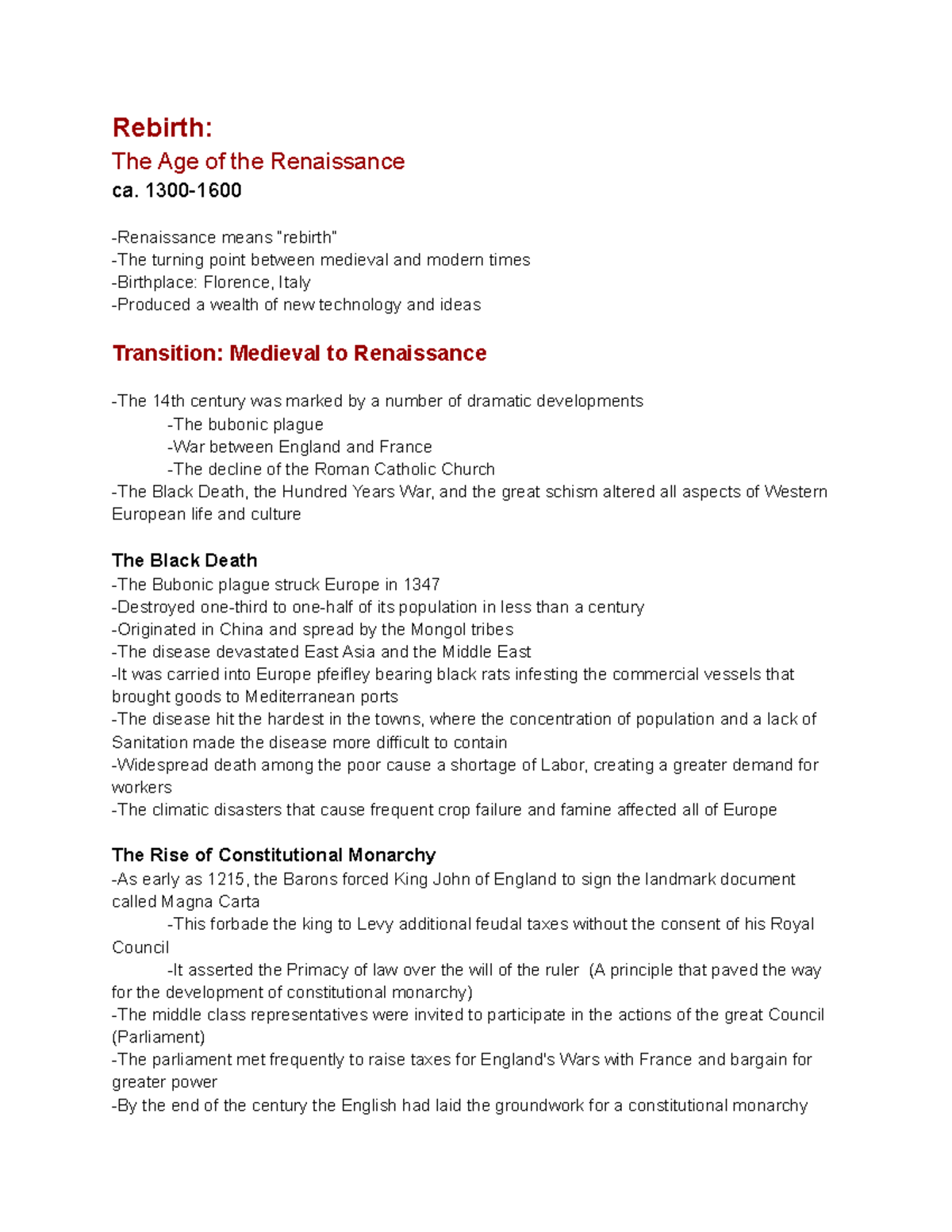 Chapter 7 Notes - Rebirth: The Age of the Renaissance ca. 1300 ...