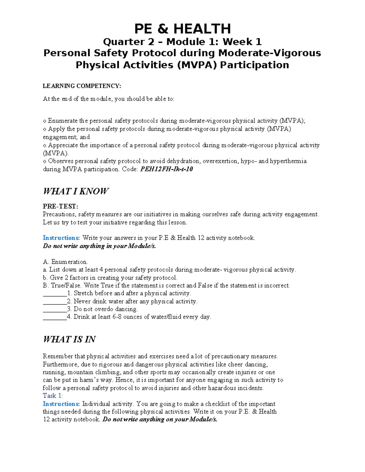 PE & Health 12 Module 1: Personal Safety in MVPA Activities - Studocu