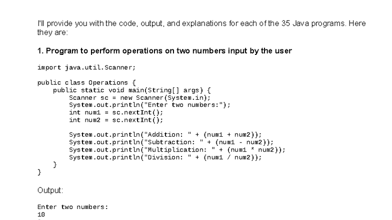 Java Programs Overview: Code, Output & Explanations (CS101) - Studocu