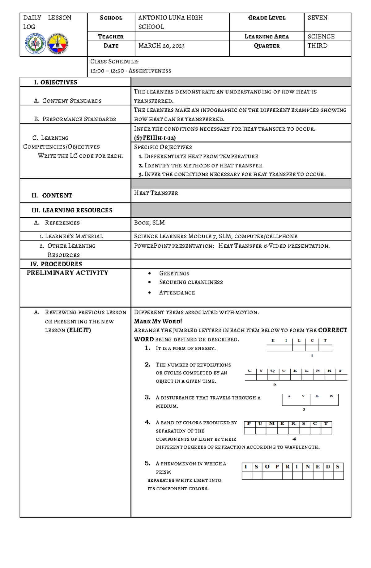 Lesson Plan: Heat Transfer for Grade 7 Science (S7FEIIIh-i-12) - Studocu