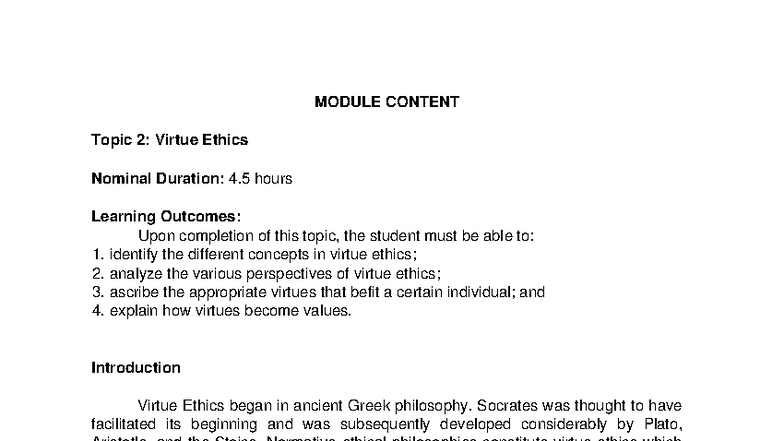 PHIL 101: Virtue Ethics - Module Content & Learning Outcomes - Studocu