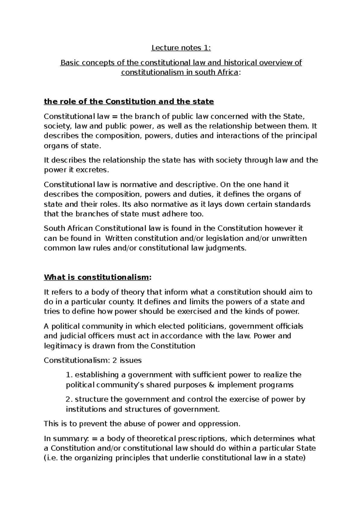 Lecture 1: Constitutional Law Basics & Historical Overview in SA - Studocu