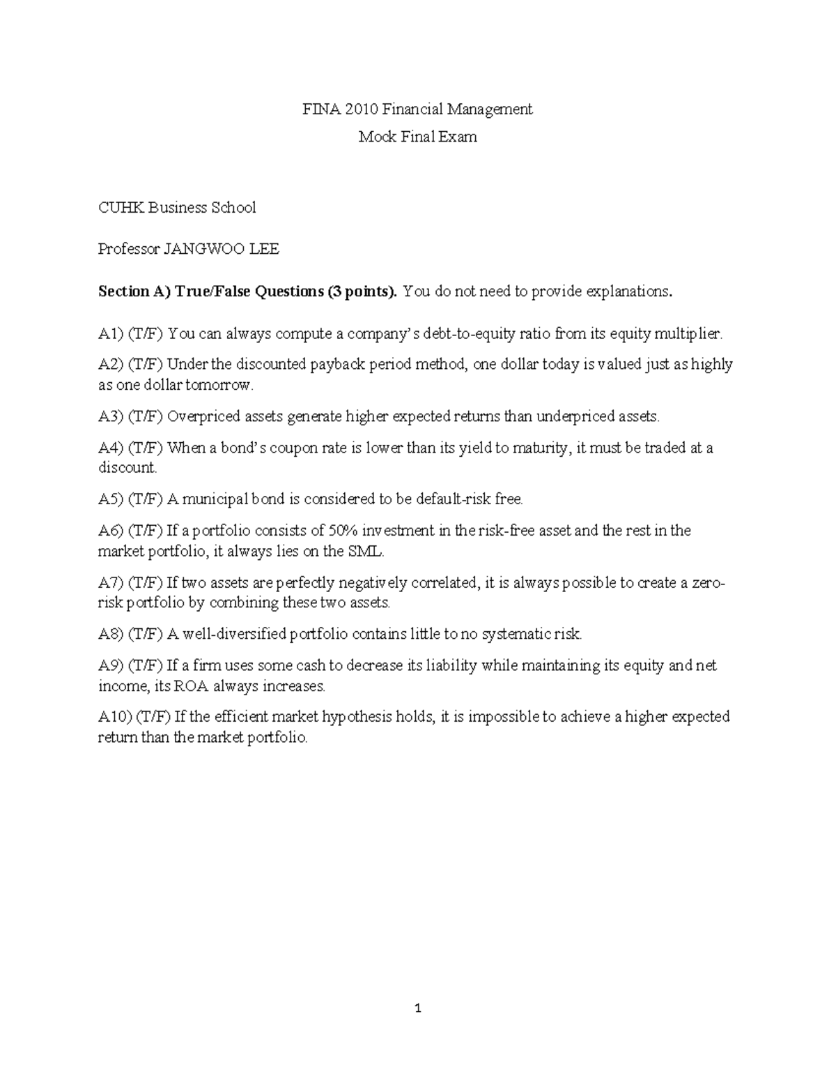 FINA2010 Mock Final Exam Practice Questions and Answers - Studocu