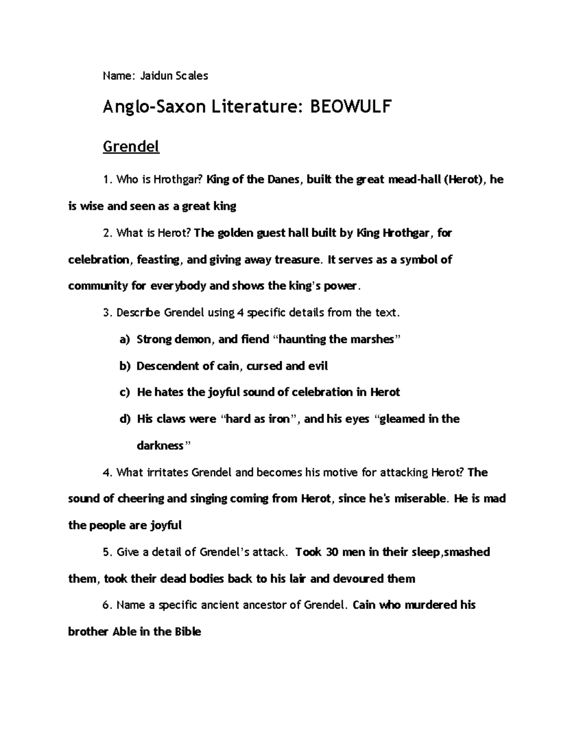 Scales BEOWULF Study Questions and Analysis - Studocu