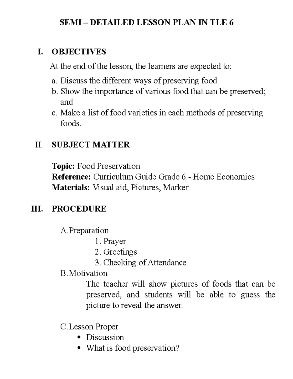 TLE 6 Detailed Lesson Plan: Food Preservation Methods - Studocu