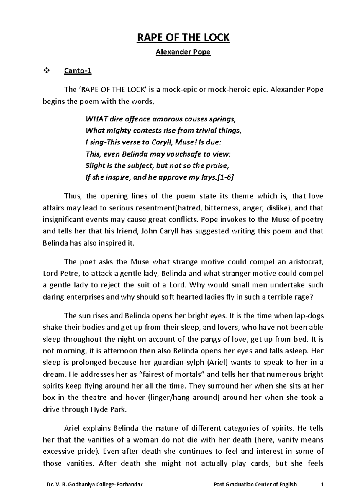 Rape of the Lock (Final Exam Notes) - Analysis of Alexander Pope's Mock ...